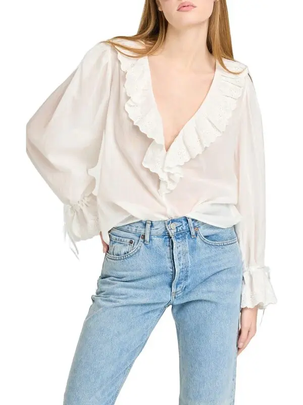 WAYF Helena Eyelet Ruffle Cotton Lawn Top - Ivory