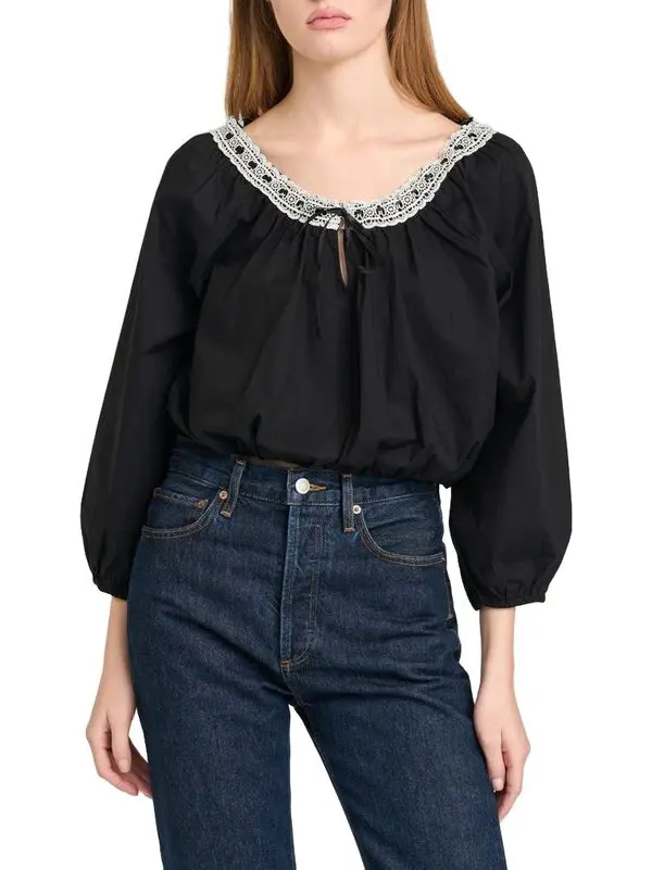 WAYF Lace Trimmed Cotton Top - Black