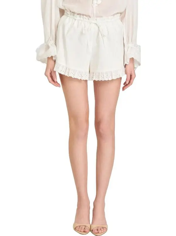 WAYF Helena Eyelet Ruffle Stretch Cotton Shorts - Ivory