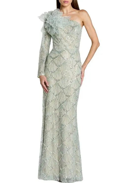 Mac Duggal One-sleeve 3d Flower Sequin Column Gown - Seafoam