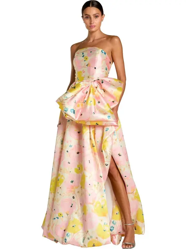 Mac Duggal Floral Strapless Bow Gown - Pink Multi
