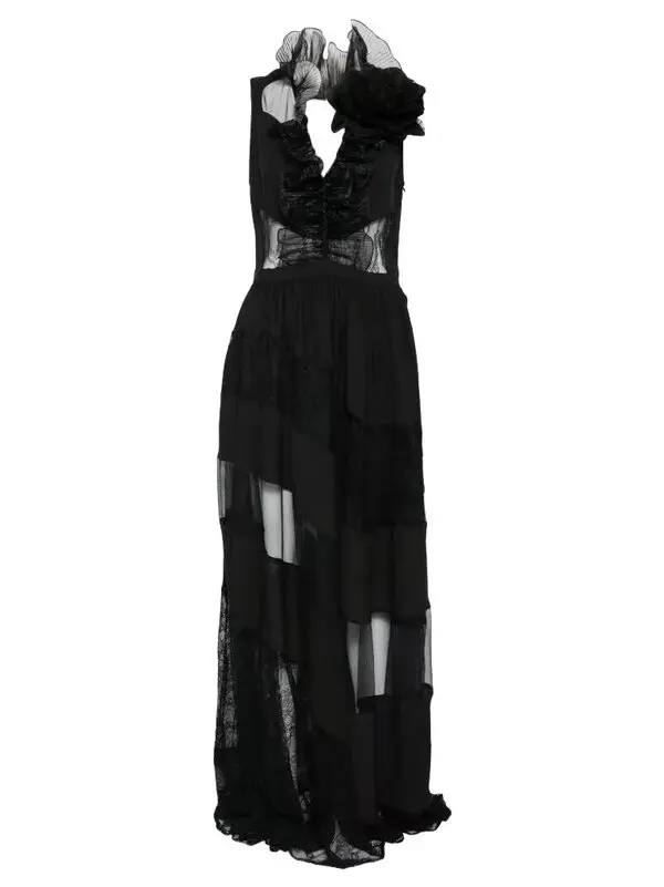 BABYLONE PARIS Floral-detail Ruffled Maxi Dress - Black