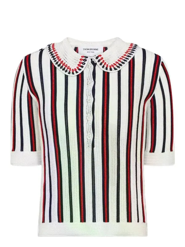 Thom Browne Striped Crochet-knit Polo Shirt - White