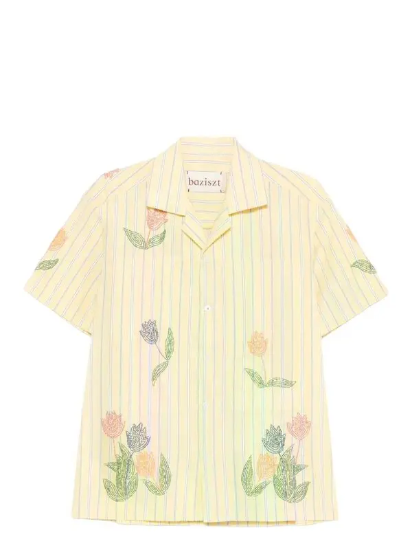 BAZISZT Floral-embroidered Striped-pattern Shirt - Yellow