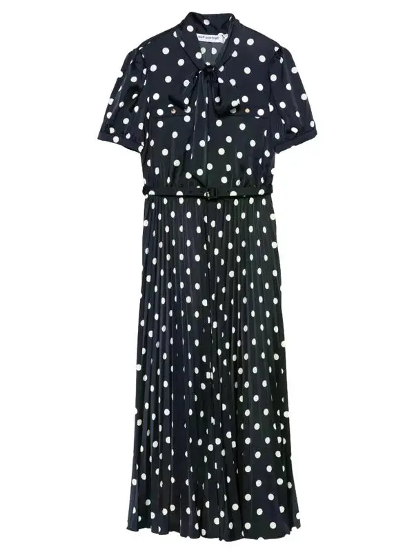 SELF-PORTRAIT Polka Dot Pleated Midi Dress - Blue