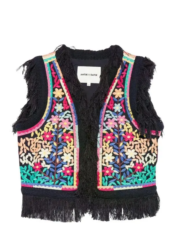 Antik Batik Floral-embroidered Fringe Vest - Black