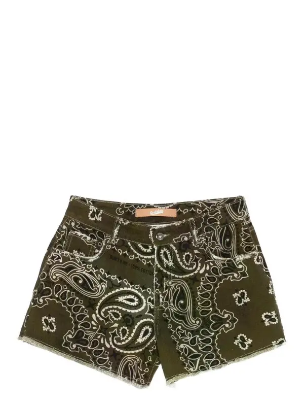 DON'T @ ME Paisley-print Frayed-hem Denim Shorts - Green