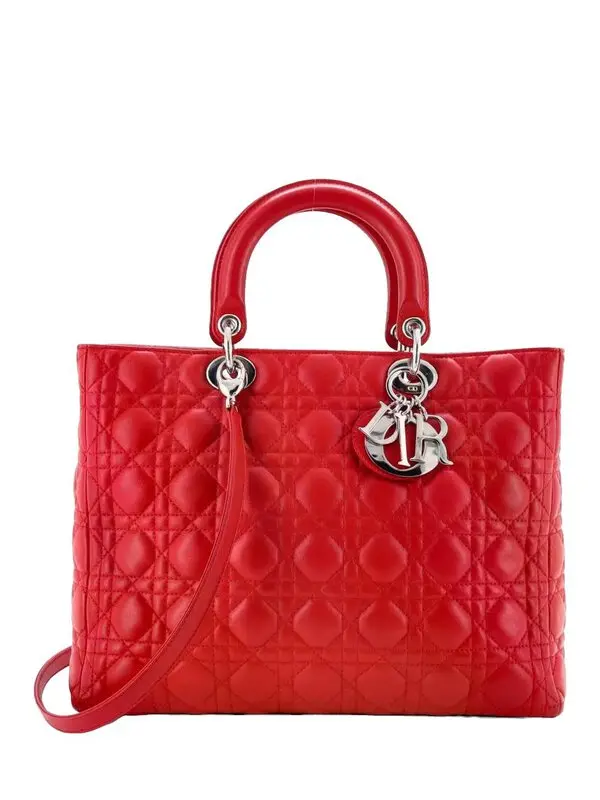 Dior Lady Bag Cannage Quilt Lambskin Large Tote Bag - Red