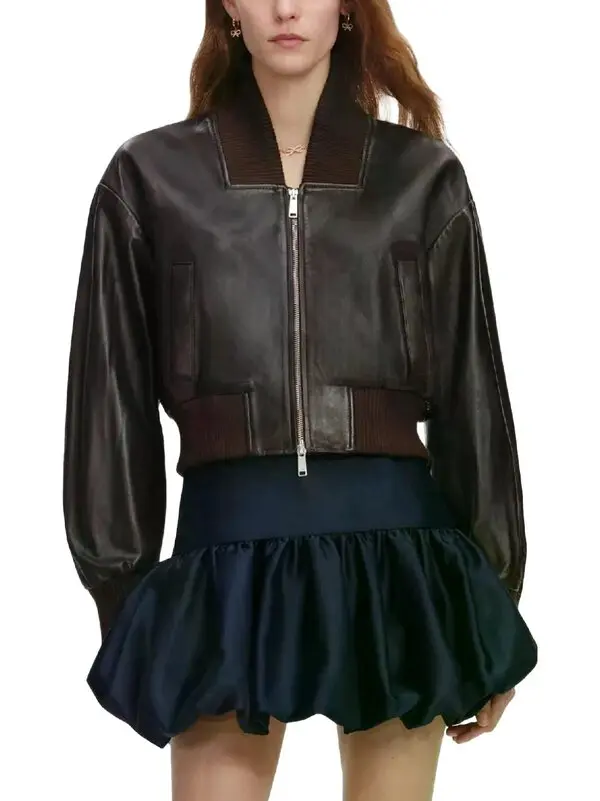 SELF-PORTRAIT Ribbed Leather Bomber Jacket - Brown