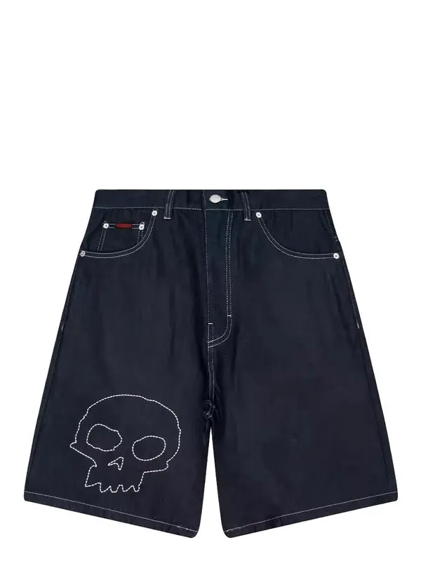 PLEASURES Skull Embroidered Denim Shorts - Blue