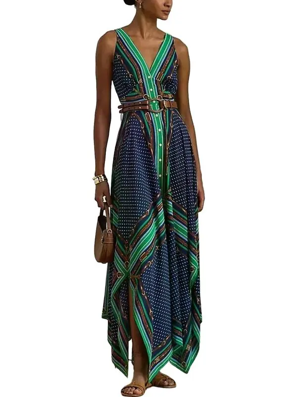 Ralph Lauren Printed V-neck Asymmetric Dress - Blue