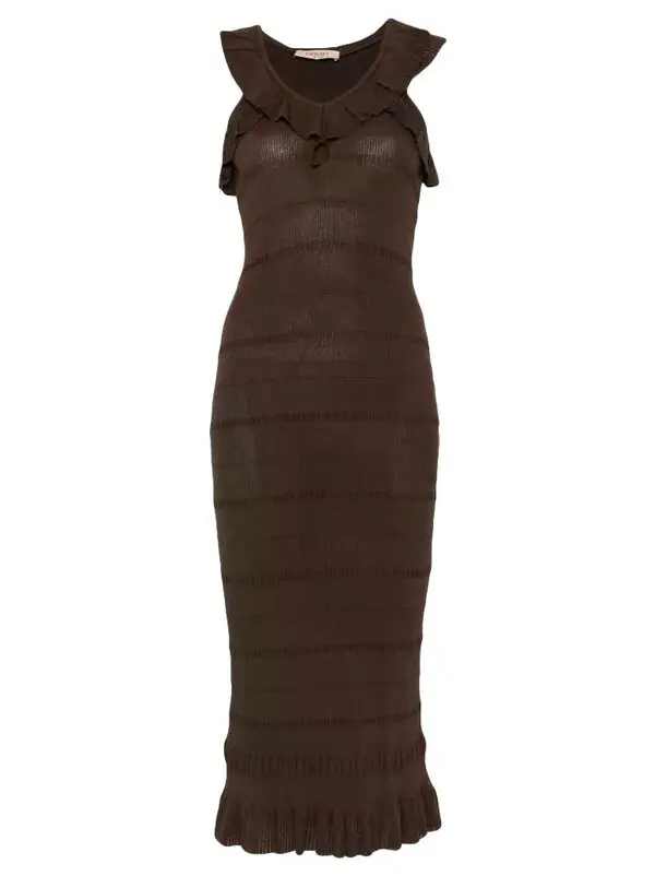 TWINSET Ruffled V-neck Midi Dress - Brown