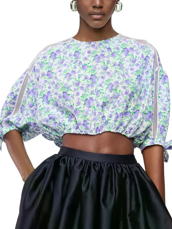 Rabanne Floral Puff-sleeved Crop Top - Purple