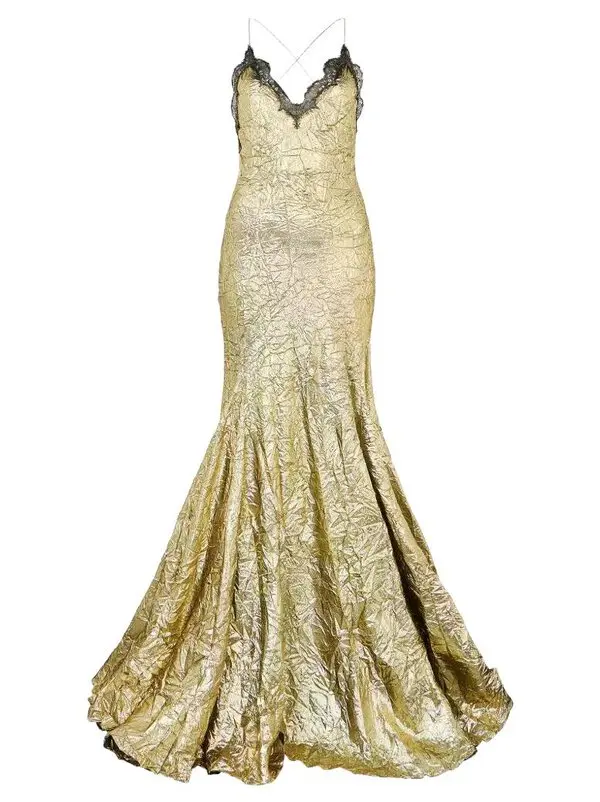 Roberto Cavalli Craquelé Lace Maxi Dress - Gold