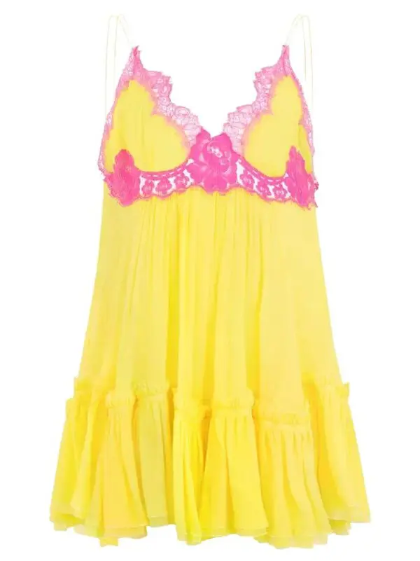 Roberto Cavalli Lace Ruffled Mini Dress - Yellow