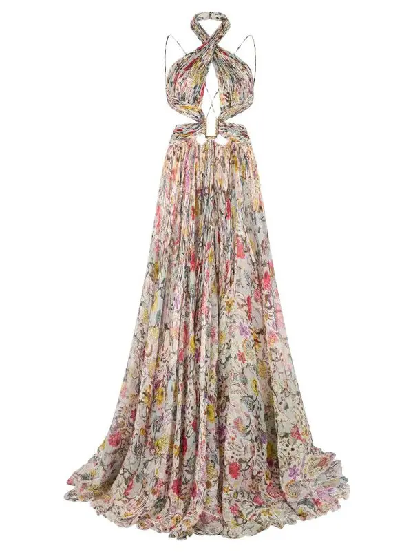 Roberto Cavalli Floral-print Halterneck Maxi Dress - Neutrals