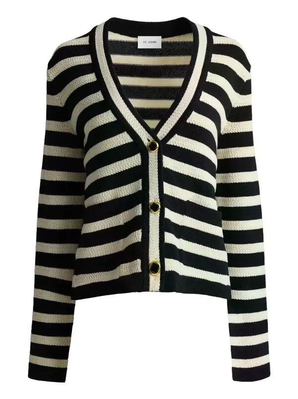St. John Stripe Knit V-neck Cardigan - Black