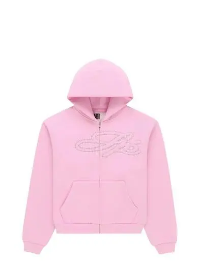 SP5DER Rhinestone Script Zip Hoodie - Light Pink