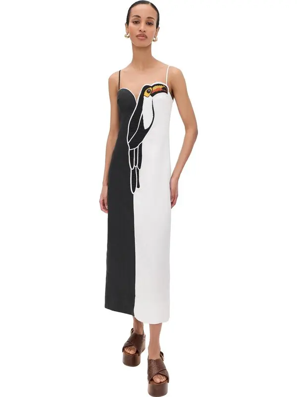 Farm Rio Embroidered Toucan Sleeve Dress - Black And White