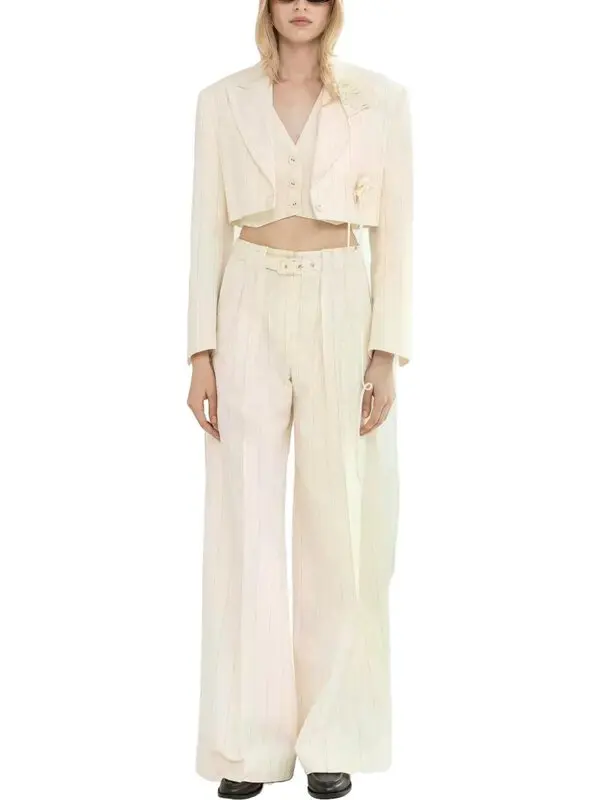 NISSA Striped Wide-leg Trousers With Belt - Neutrals