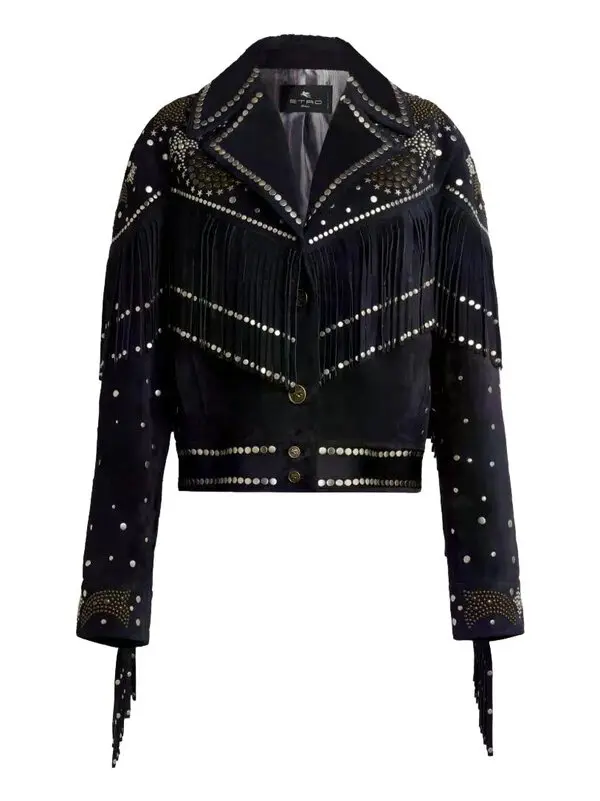 Etro Studded Fringed Leather Jacket - Blue