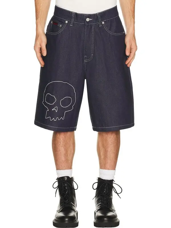 PLEASURES X Zero Skateboards Skull Jorts - Denim