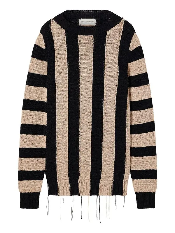 Dries Van Noten Frayed Striped Open-knit Sweater - Black