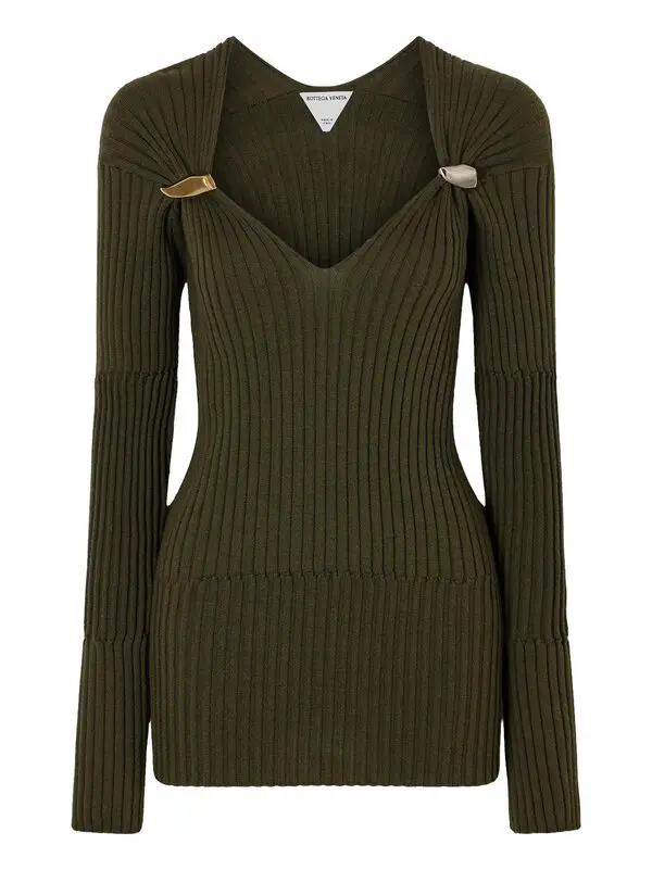 Bottega Veneta Embellished Ribbed Cashmere And Silk-blend Sweater - Green