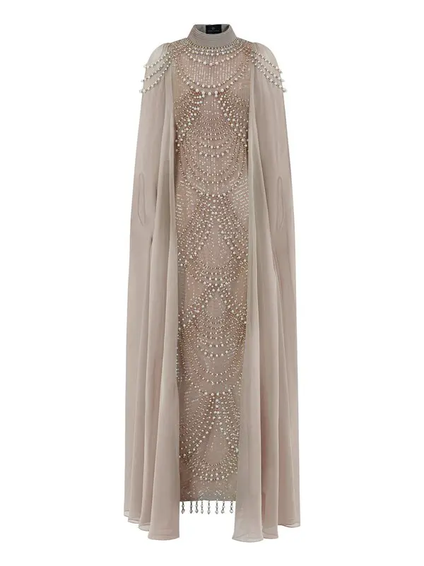 AQUILLORA Twilight Embellished Chiffon Caftan Dress - Tan