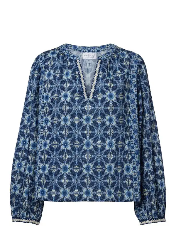 Velvet By Graham & Spencer Claudie Printed Cotton Blouse - Blue