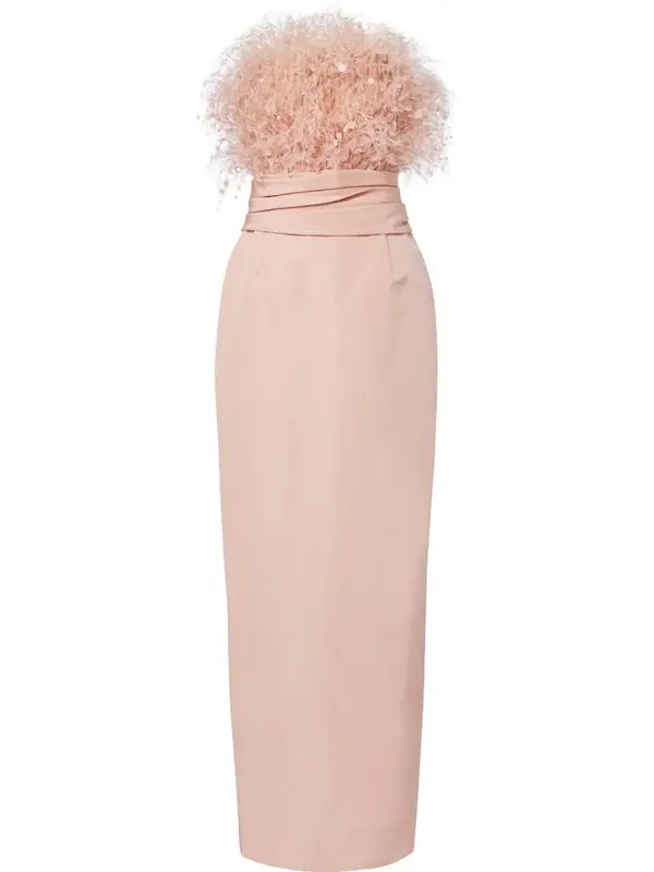 Oscar De La Renta Feather-trimmed Silk Faille Bustier Gown - Pink