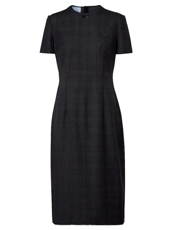 Prada Checked Virgin Wool Midi Dress - Grey