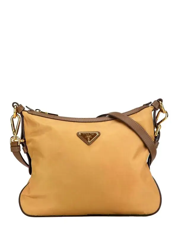 Prada Saffiano Trimmed Tessuto Zip Top Crossbody Bag - Brown