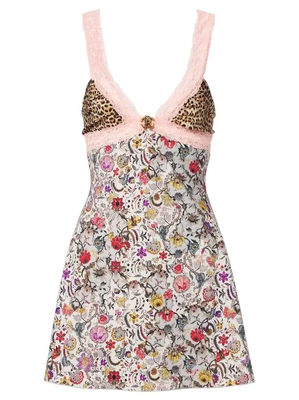 Roberto Cavalli Embellished Lace-trimmed Mini Dress - Multicoloured