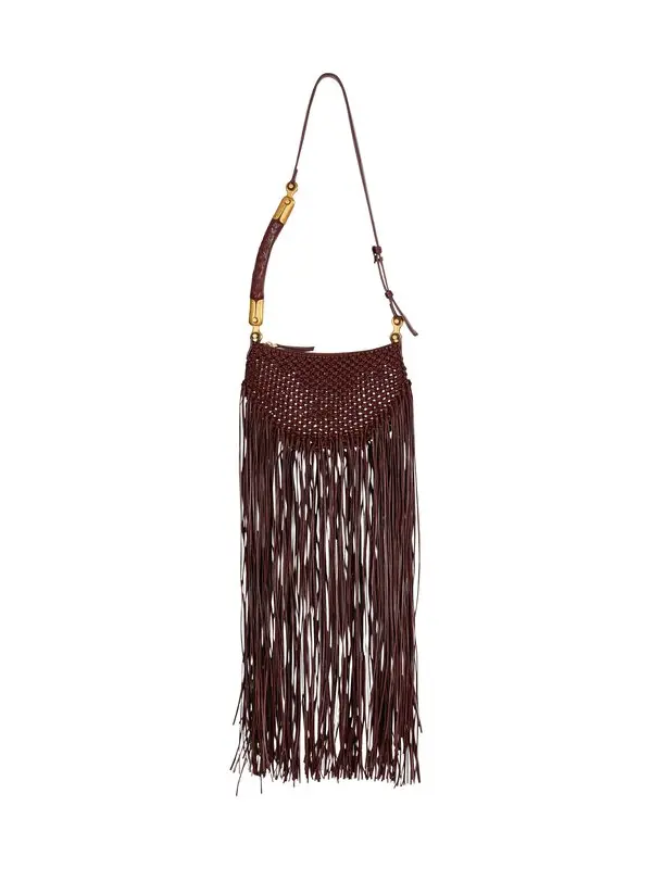 Balmain Hobo Mini Bag In Woven Leather With Fringe - Dark Brown