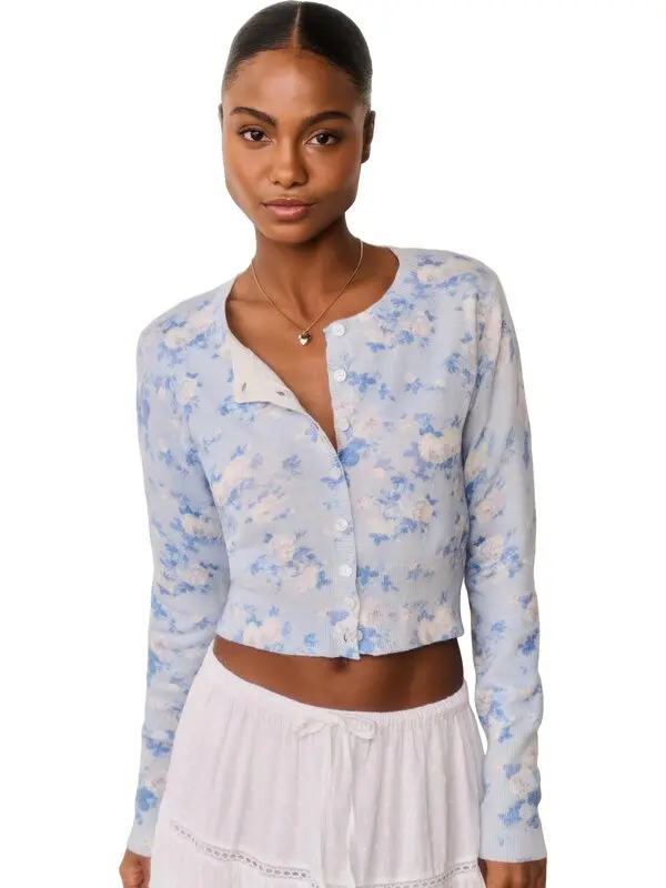 LoveShackFancy Adeanne Heirloom Floral Print Cardigan - Whisper Blue