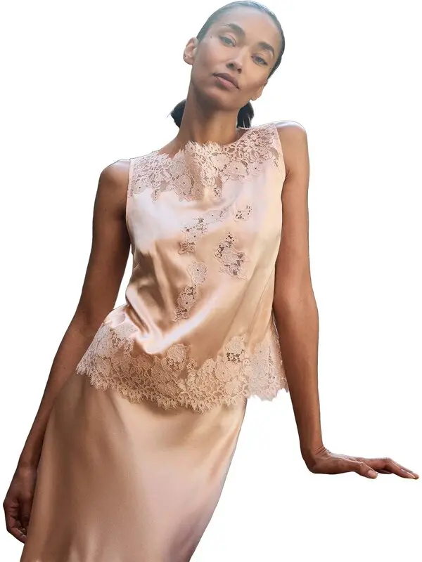 DÔEN Viviane Lace Trimmed Silk Top - Peach Sorbet