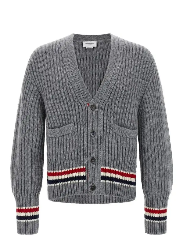 Thom Browne Ribbed Cardigan With Striped Accents - Grey