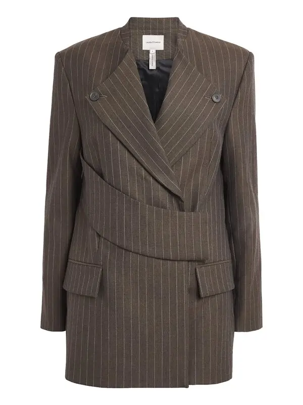 LAURA PITHARAS Wool Pinstripe Wrap Blazer - Brown