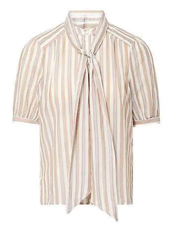 ME+EM Tie-neck Striped Cotton Top - Brown Multi