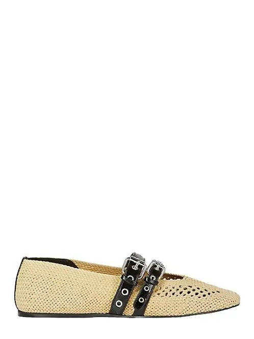The Kooples Double-buckle Raffia And Leather Ballet Flats - Ecru