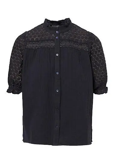 ME+EM Lace-panel Ruffled Cotton Top - Navy