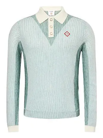 Casablanca Vertical-stripe Long-sleeve Wool-blend Polo Top - Blue