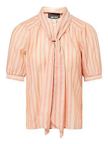 ME+EM Striped Cotton Top With Tie Neck - Orange Multi