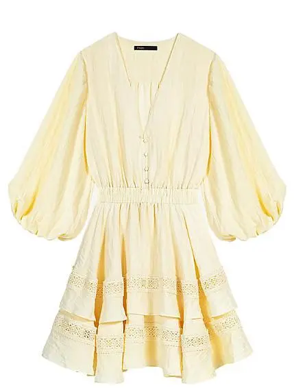 Maje Woven Mini Dress With Ruffle Detail - Pale Yellow