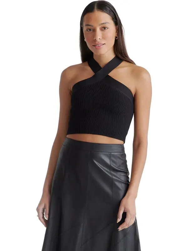 Quince Cropped Halter Ribbed Knit Tank Top - Black