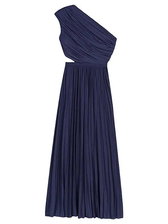 Maje Pleated One-shoulder Woven Maxi Dress - Navy