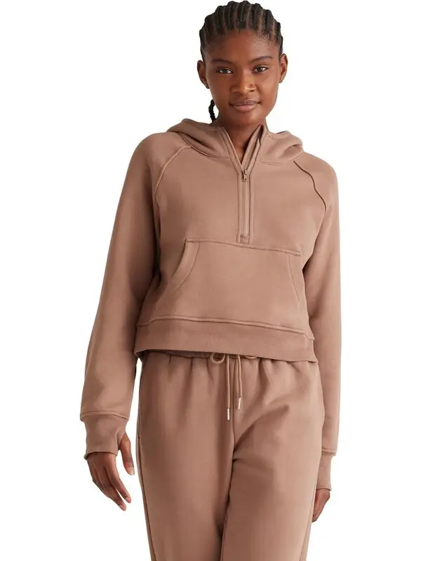 Quince Organic Heavyweight Fleece Cropped Half Zip Hoodie - Taupe