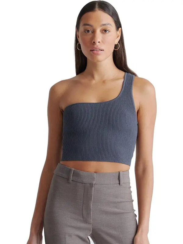 Quince Cropped One Shoulder Ribbed Knit Tank Top - Grey