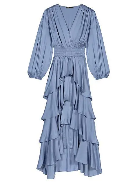 Maje V-neck Ruffled Maxi Dress - Blue / Grey